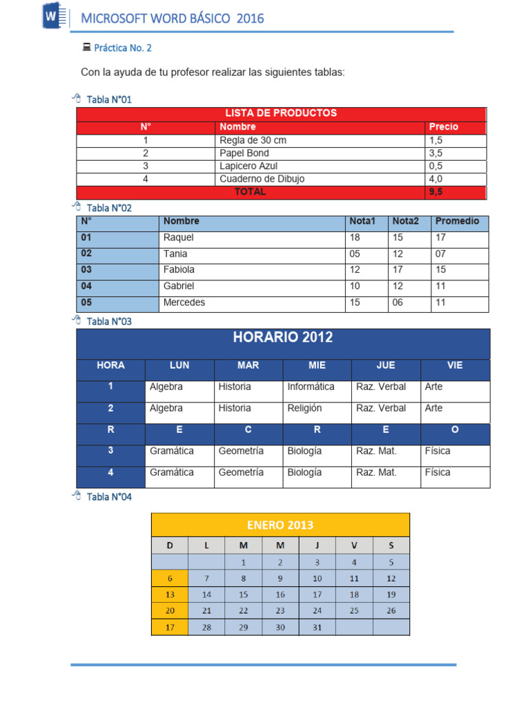 Practica 2 Tablas Word 2016 | PDF