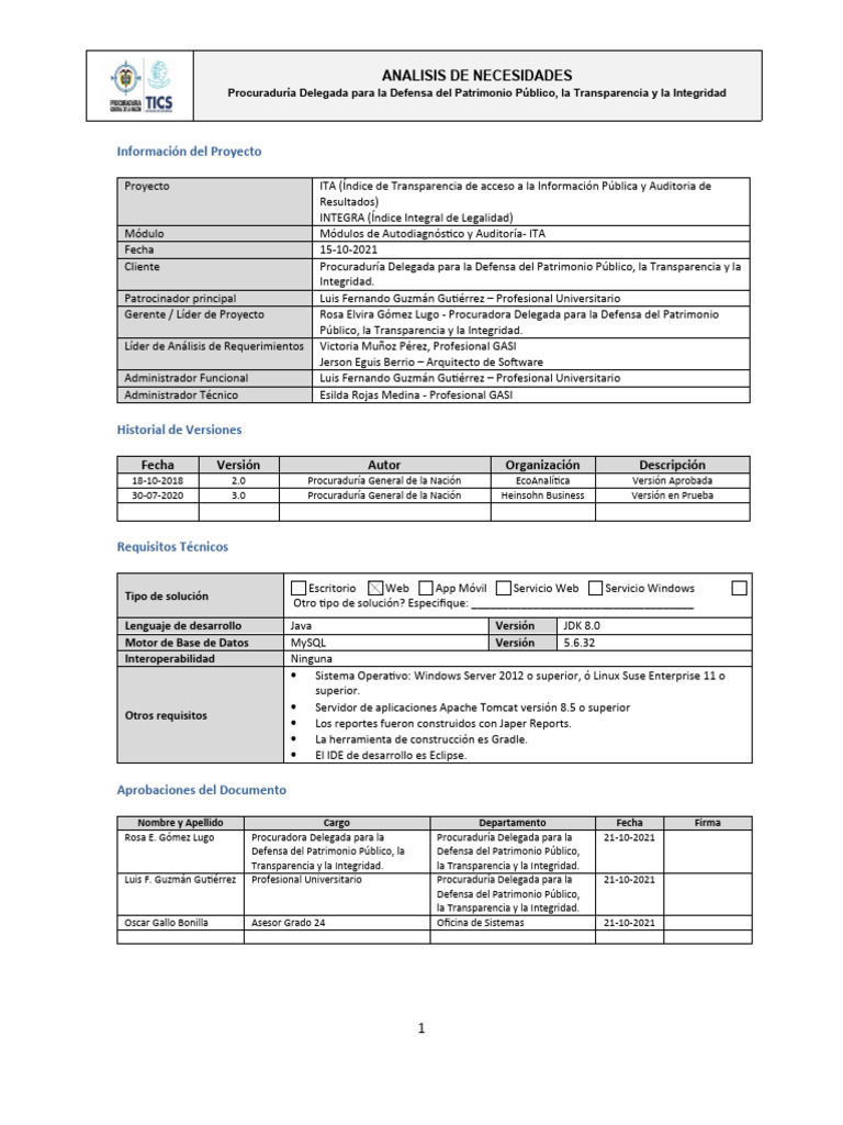 Plantilla de requerimientos de software ITA INDICE DE TRANSPARENCIA Y ...