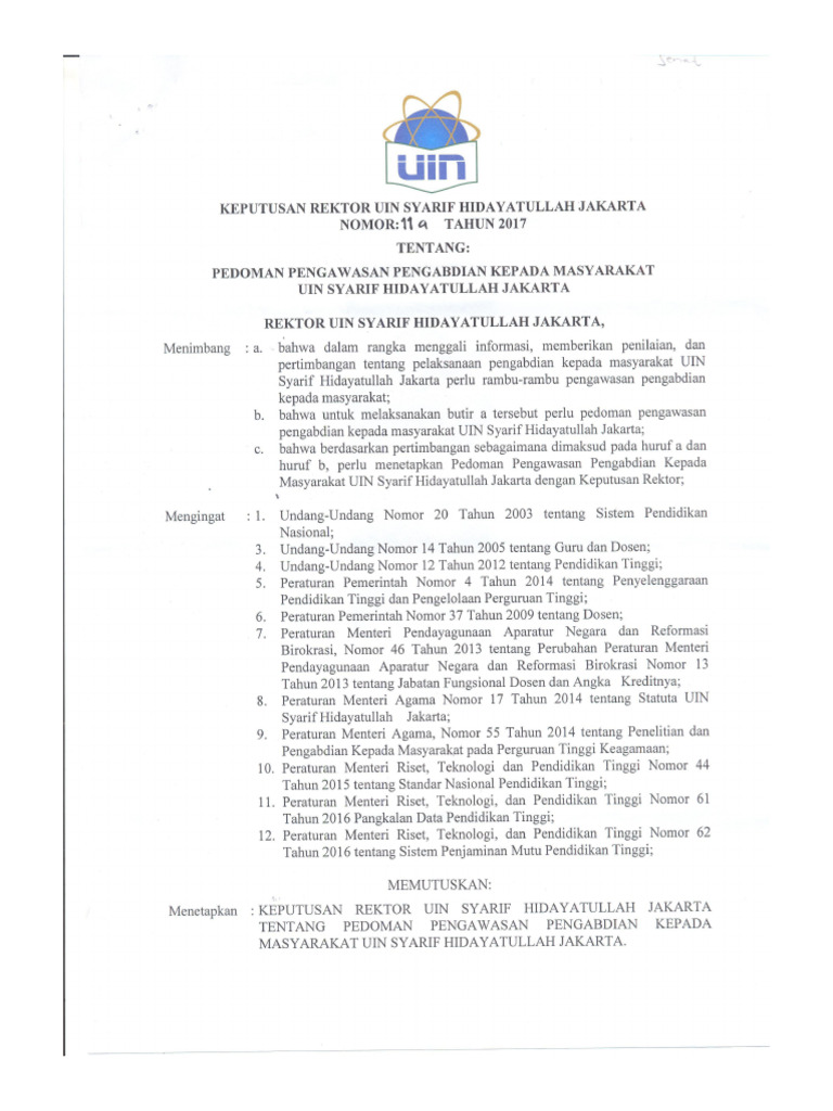 SK Rektor No 11 - A TH 2017 TTG Pedoman Pengawasan Pengabdian | PDF