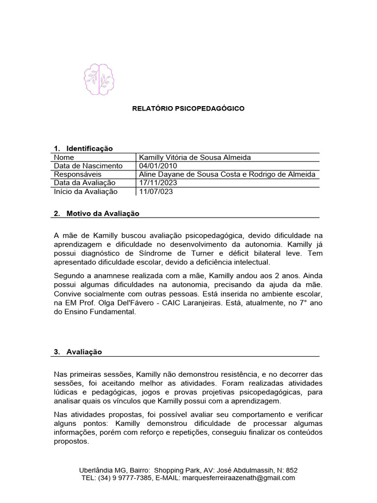 RELATÓRIO PSICOPEDAGÓGICO | PDF | Aprendizado | Pedagogia