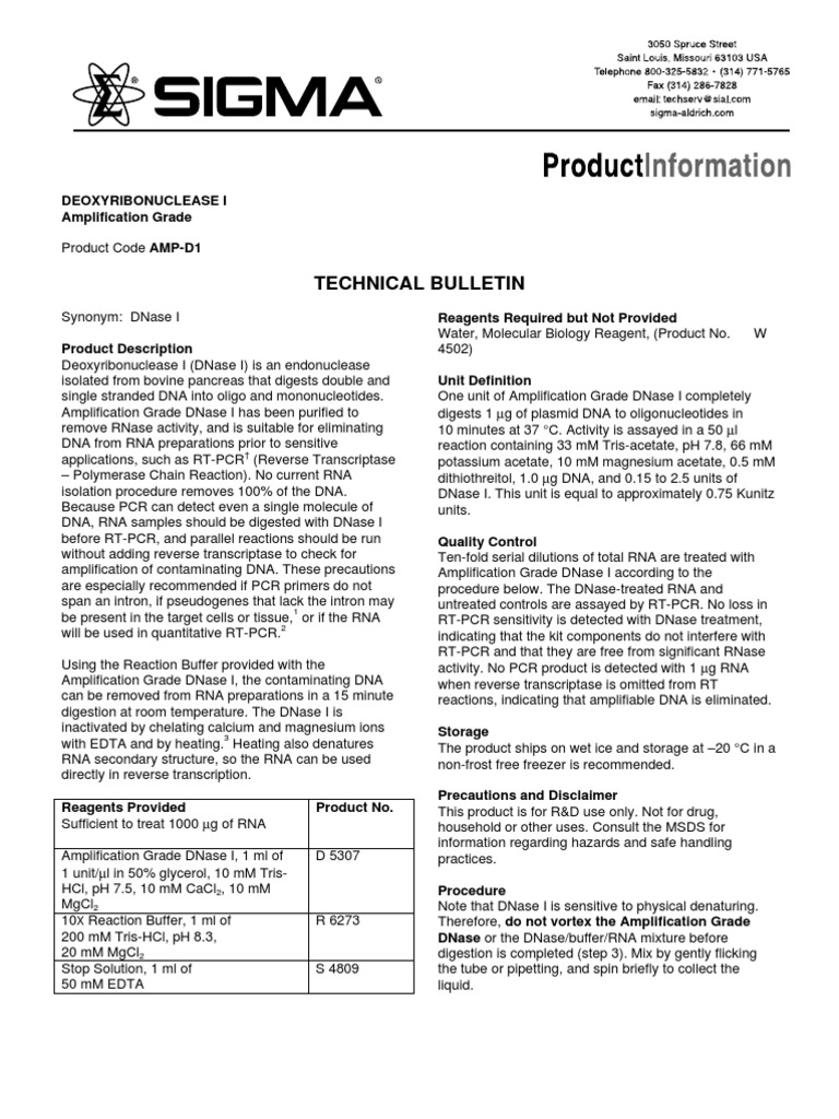 Dnase Sigma Manual | PDF | Reverse Transcription Polymerase Chain ...