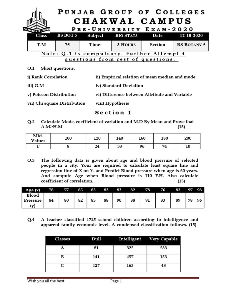 Bio Stats Pre-University Exam 2020 | PDF | Normal Distribution | Data ...
