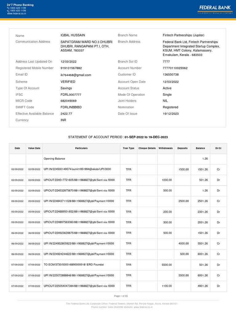 Federal Bank Account Statement Summary | PDF | Banks | Payments