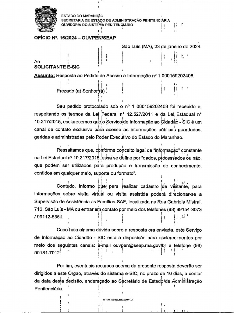 Ofício Nº16-2024 - OUVPEN-SEAP | PDF