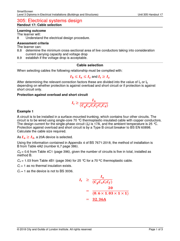 l3 - 305-17 - Handout - Cable Selection 2018 | PDF | Electrical Wiring | Electrical Engineering