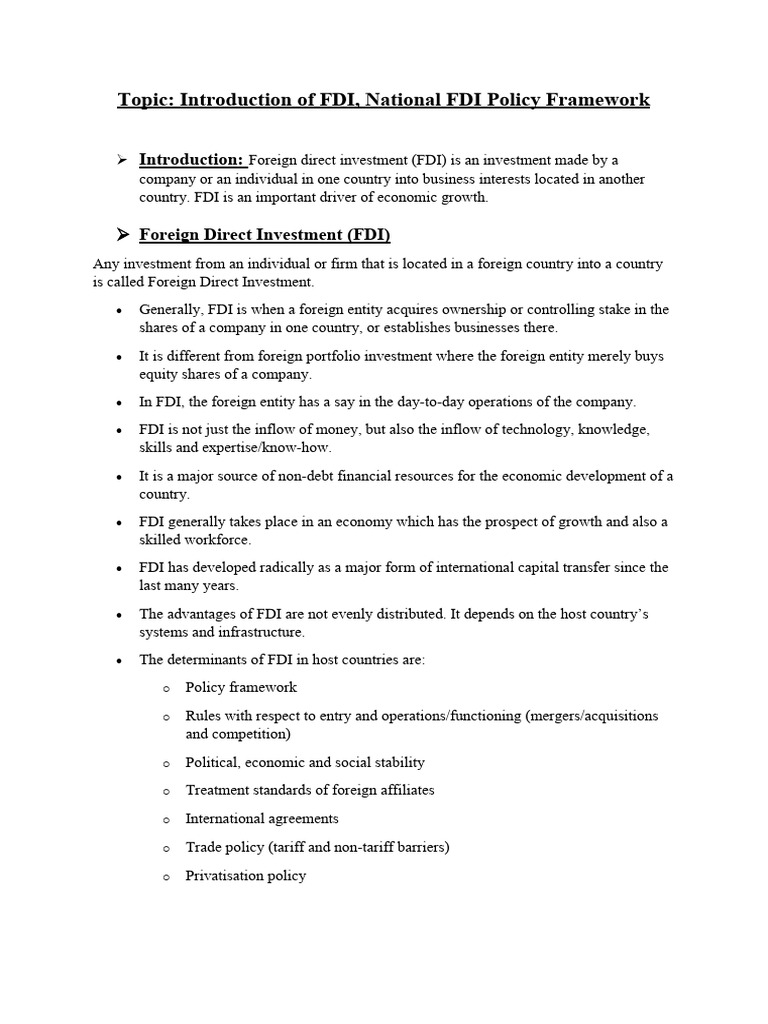 Topic: Introduction of FDI, National FDI Policy Framework: Foreign Direct Investment (FDI) | PDF ...