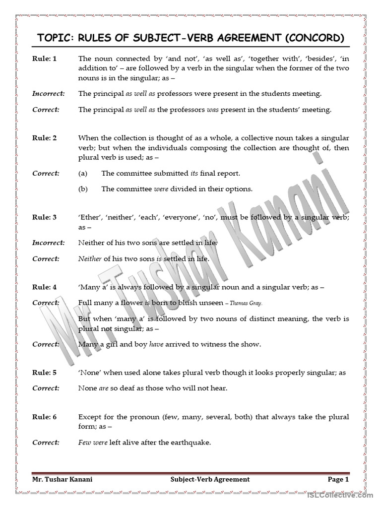Subject Verb Agreement or Concord | PDF | Grammatical Number | Verb