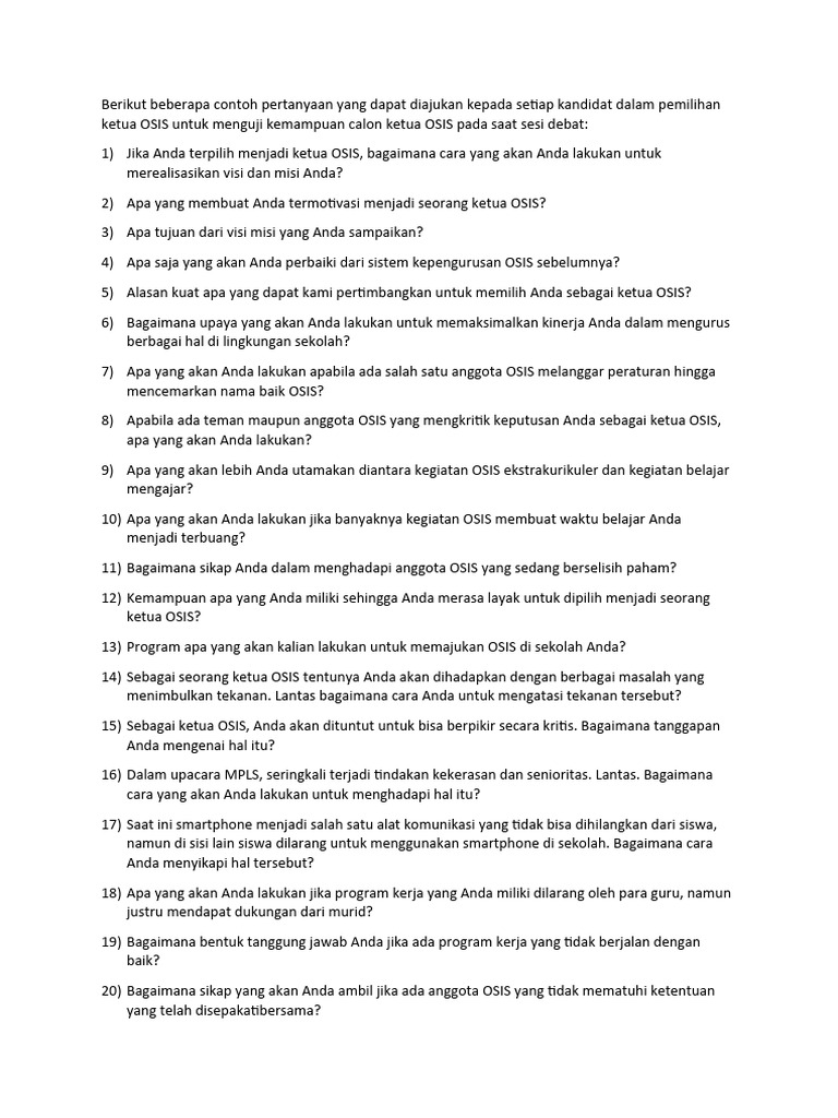 Contoh Pertanyaan Debat OSIS | PDF