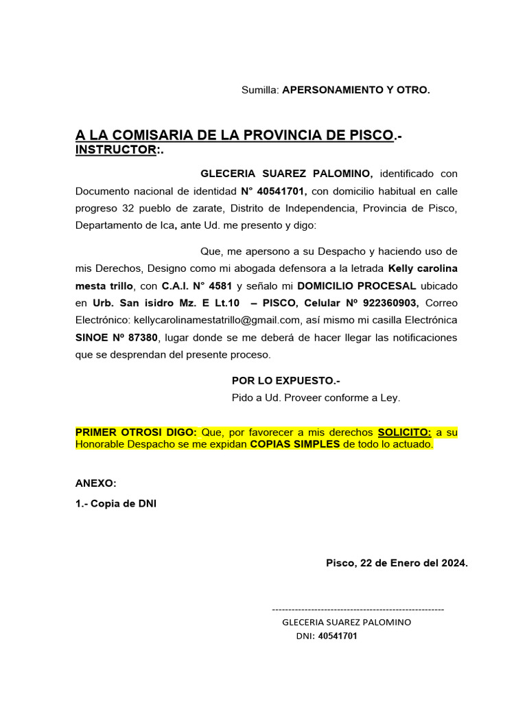 Apersonamiento Comisaria-Suarez Palomino | PDF | Derecho