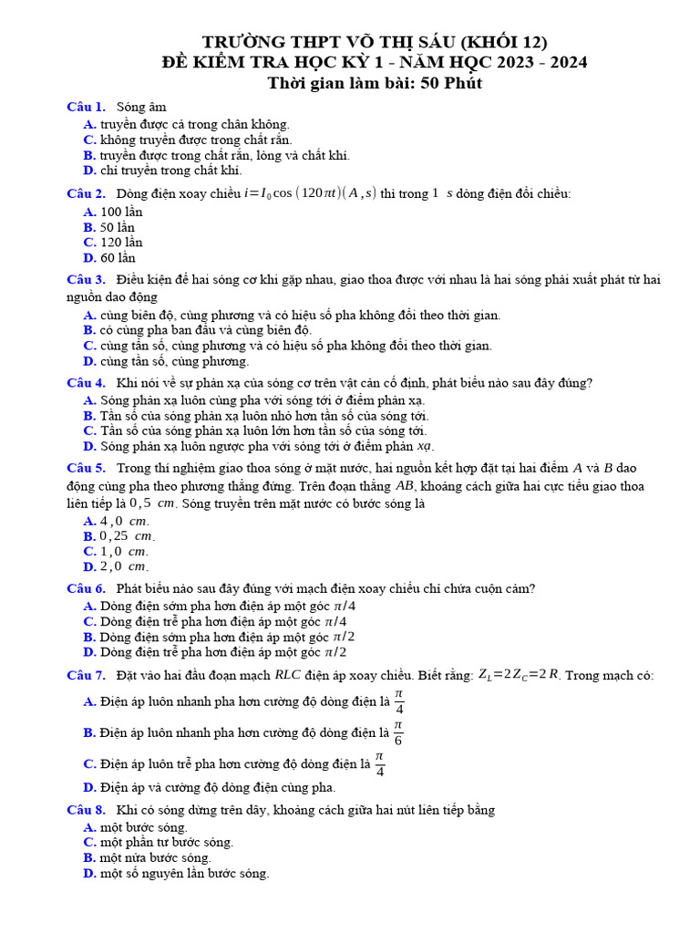 (CHK1) THPT VÕ THỊ SÁU L12 (2023-2024) | PDF