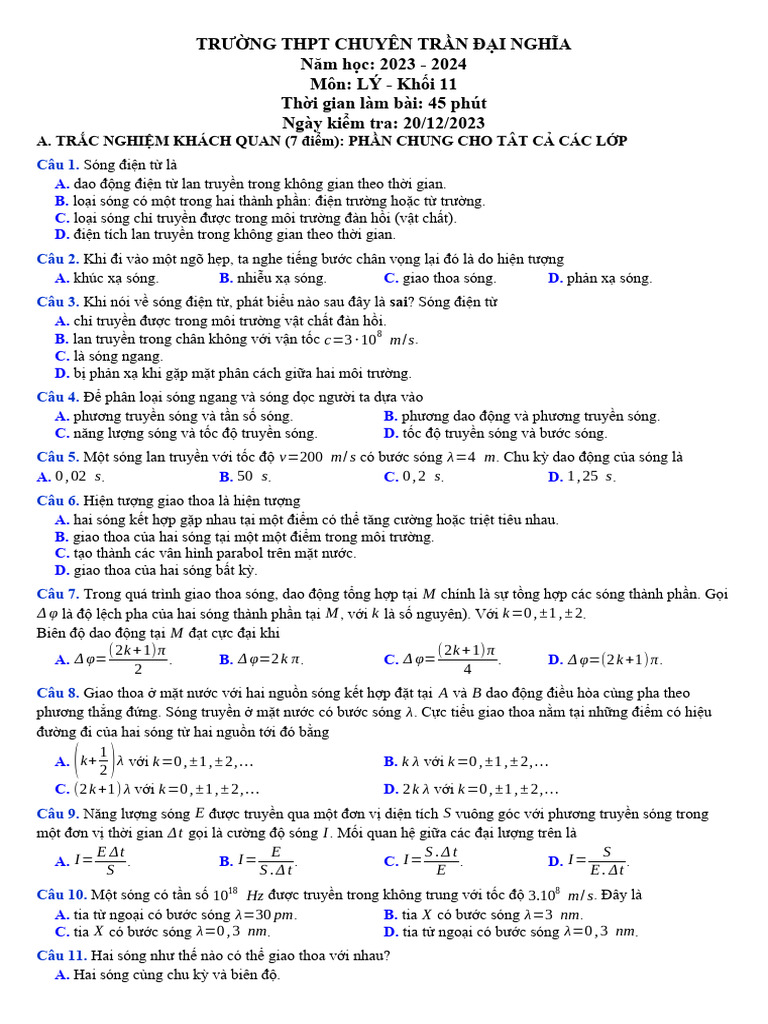 (Chk1) Trường Thpt Chuyên Trần Đại Nghĩa- Lớp 11 - 2023-2024 | PDF