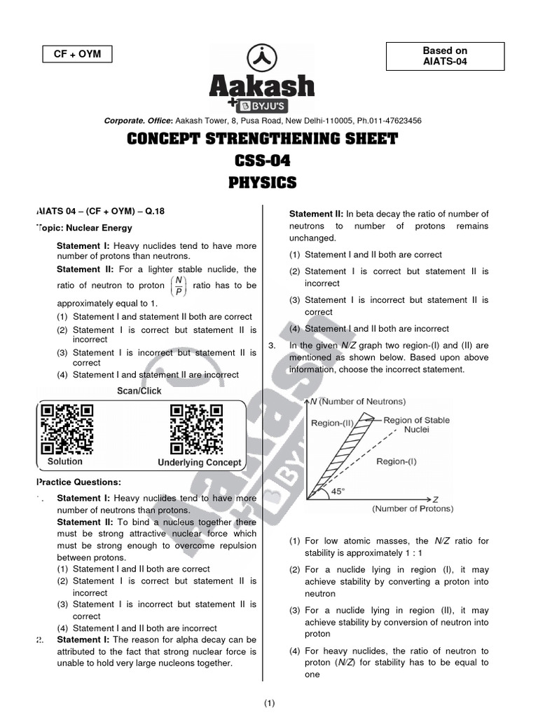Concept Strengthening Sheet CSS 04 Based On AIATS 04 CF OYM Physics | PDF | Nuclear Fusion | Neutron