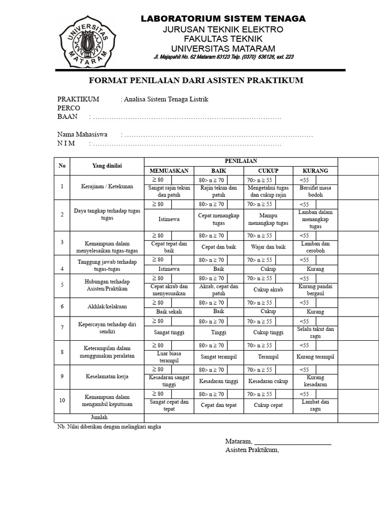 07 Form Format Penilaian Asisten | PDF