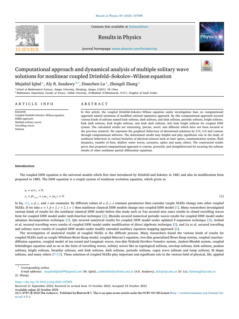 Computational Approach and Dynamical Analysis of Multiple Soli - 2023 - Results | PDF | Soliton ...