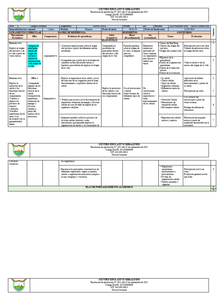 Ejemplo De Plan De Area Pdf