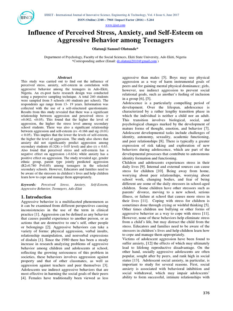 Influence of Perceived Stress, Anxiety, and Self-Esteem On Aggressive Behavior Among Teenagers ...