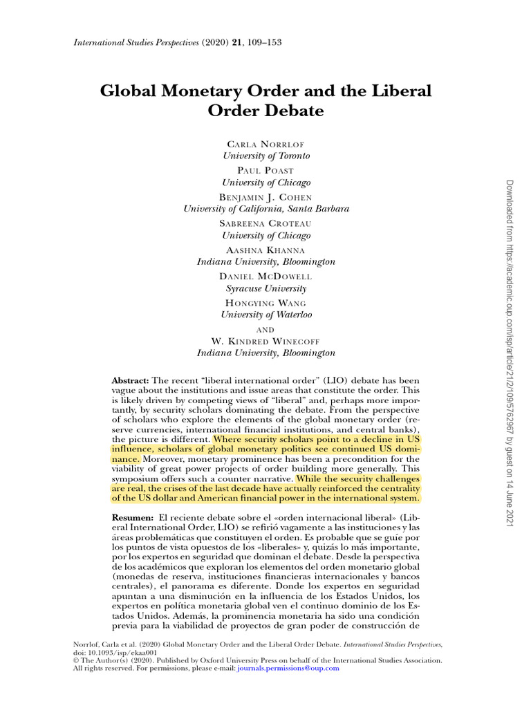 Norloff Et Al 2020 Global Monetary Order and The Liberal Order Debate ...