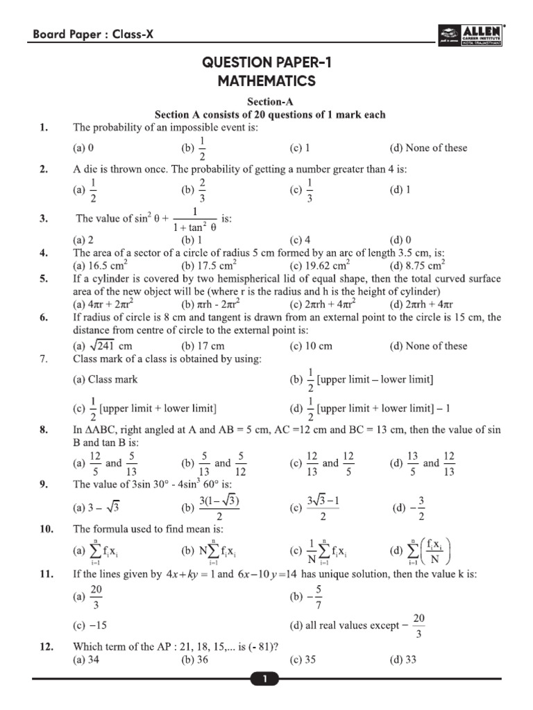 Class10 Maths Paper 1 | PDF