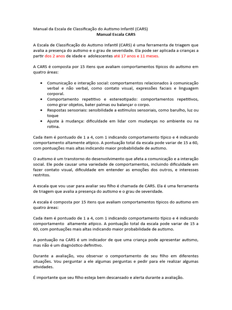Manual CARS - Escala de Classificação Do Autismo Infantil | PDF ...