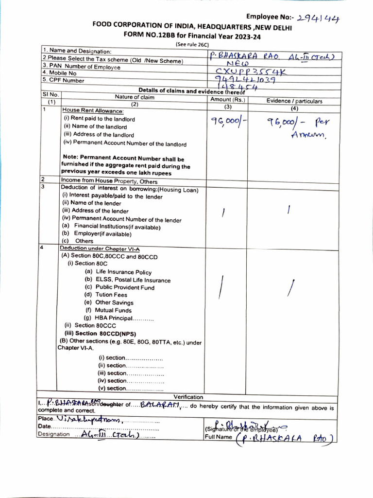 FCI Form 1288 Tax Declaration 2023-24 | PDF
