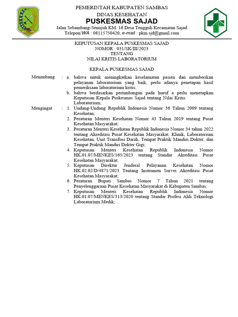 Keputusan Nilai Kritis Laboratorium Puskesmas Sajad | PDF