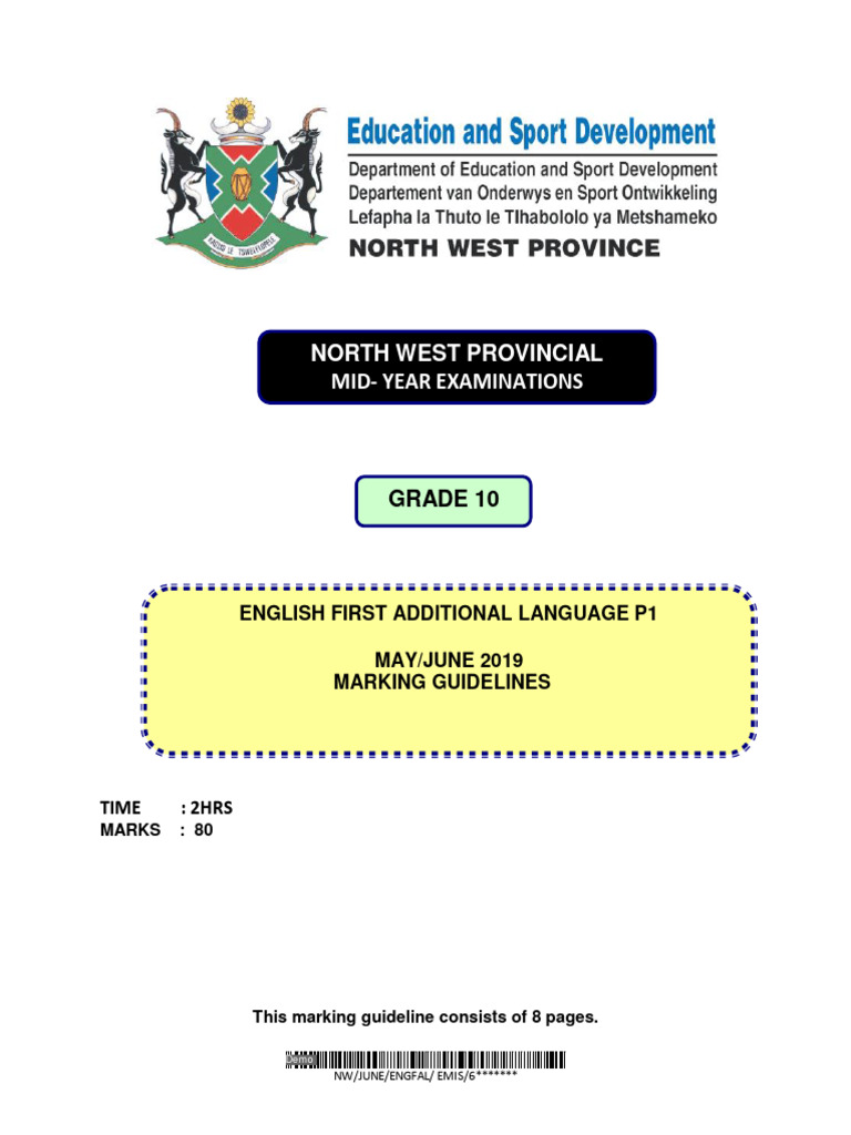 English GR 10 Memo Fal Paper 1 | PDF | Multiple Choice | English Language