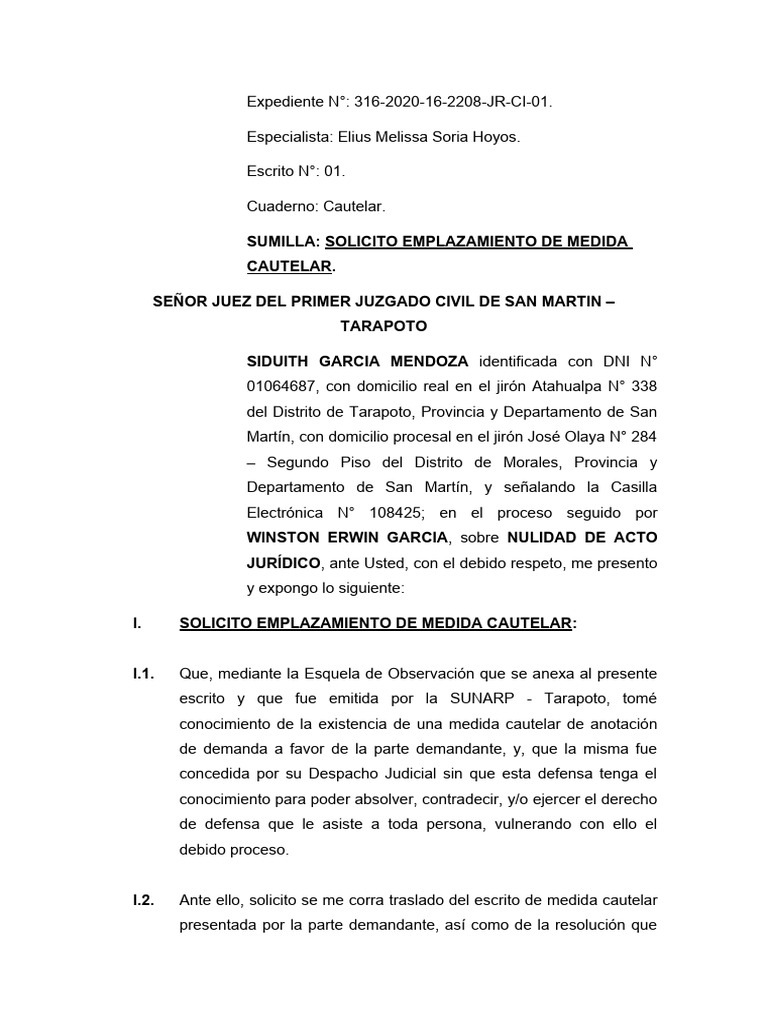 Escrito #01 - Solicito Emplazamiento - Cautelar Siduith | PDF | Demanda judicial | Mandato