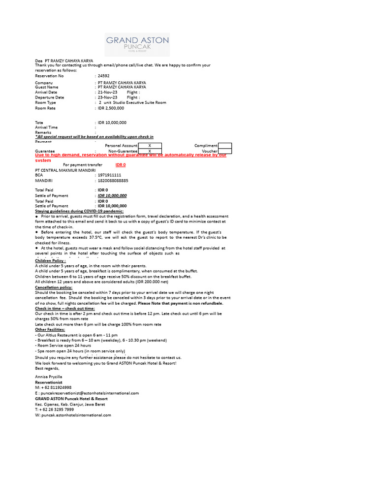 Reservation Confirmation for PT Ramzy | PDF