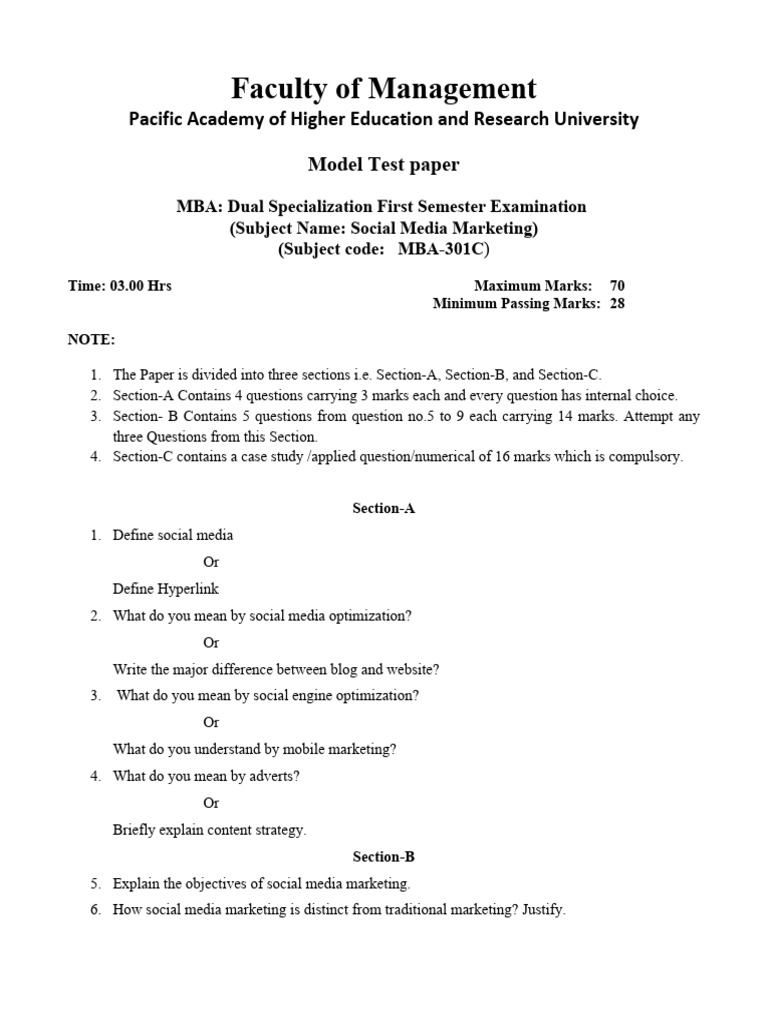 Social Media Marketing Model Test Paper | PDF | Social Media | Popular ...