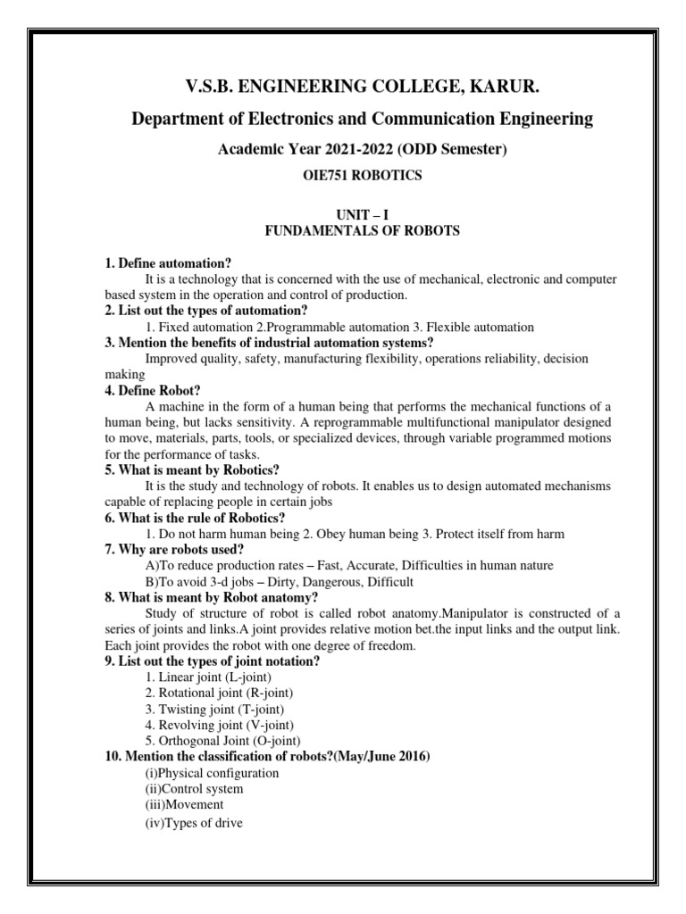 Introduction to Robotics 1 2 Marks Questions & Answers | PDF | Automation | Robot