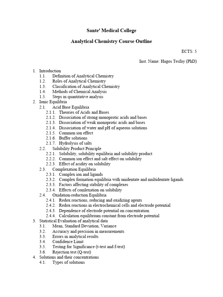 Analytical Chemistry Course Outline-2022 | PDF | Chemical Equilibrium | Ph