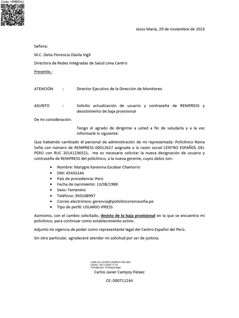 Solicitud de Actualización RENIPRESS | PDF