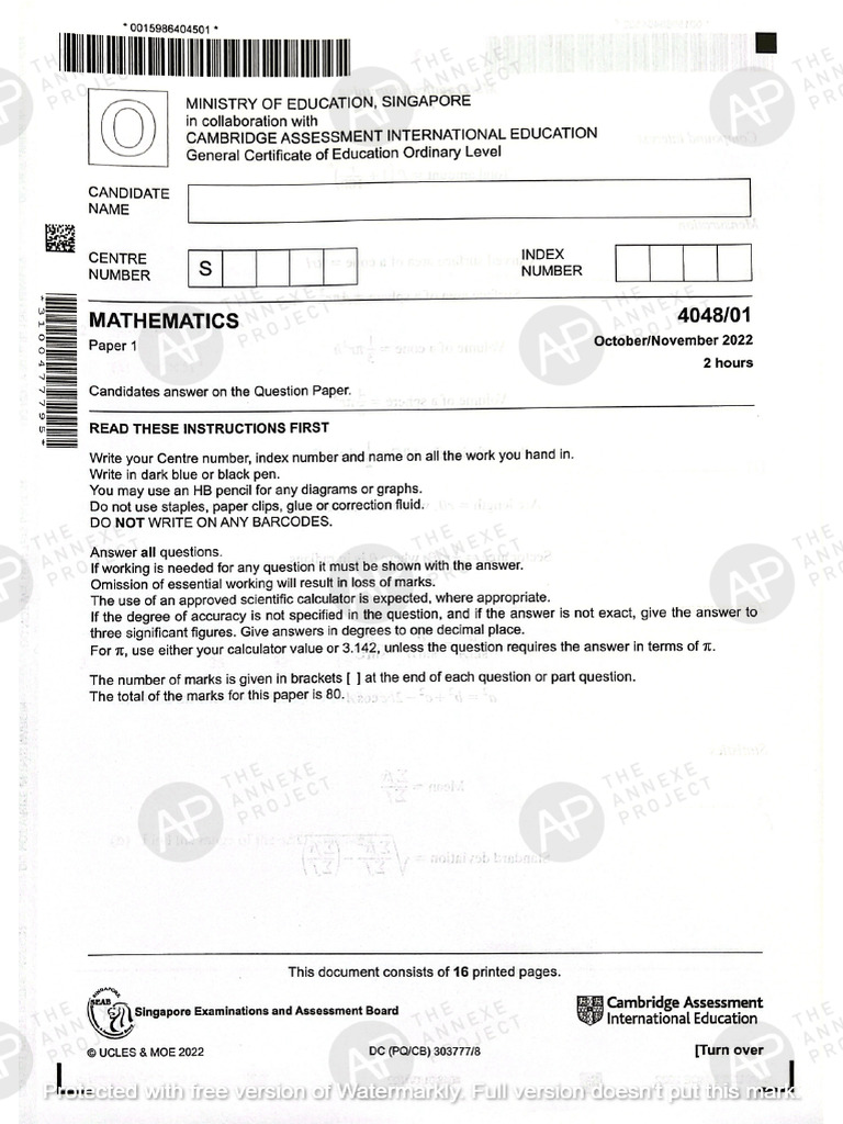 2022 O Level Elementary Mathematics Paper 1 | PDF