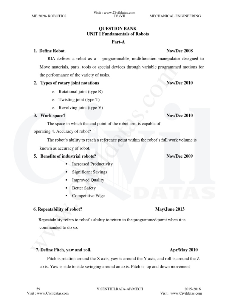 Introduction To Robotics 2 Marks Questions & Answers | PDF | Robot | Robotics