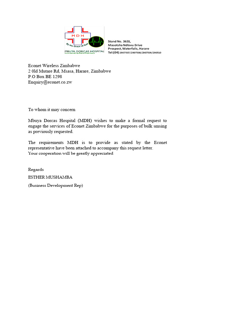 Mbuya Dorcas Hospital Bulk SMS Request | PDF