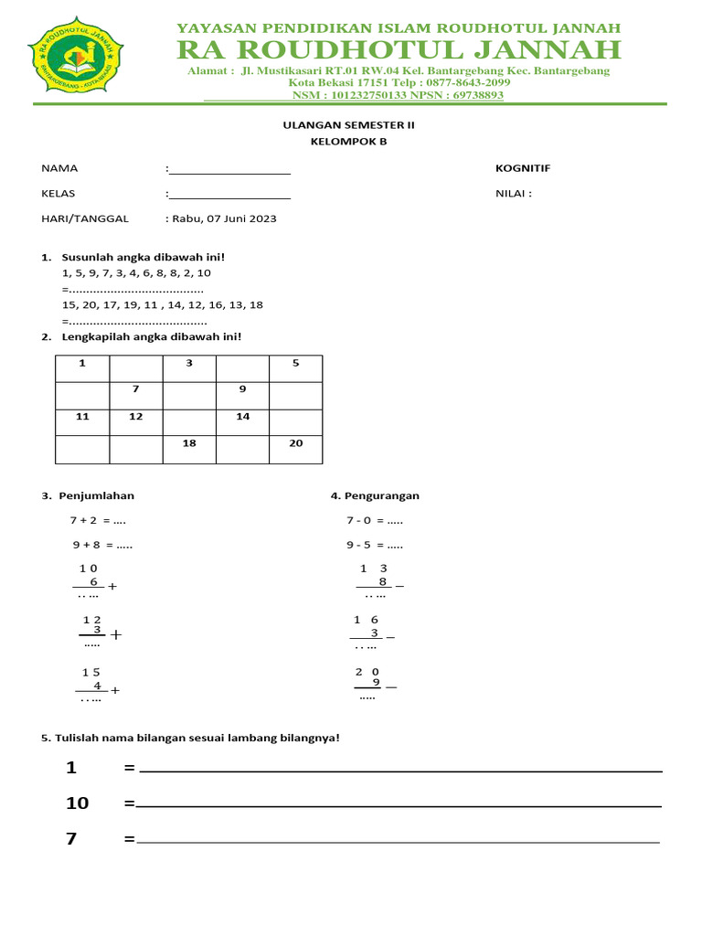 Soal Kognitif Ujian TK Kelompok A&B | PDF