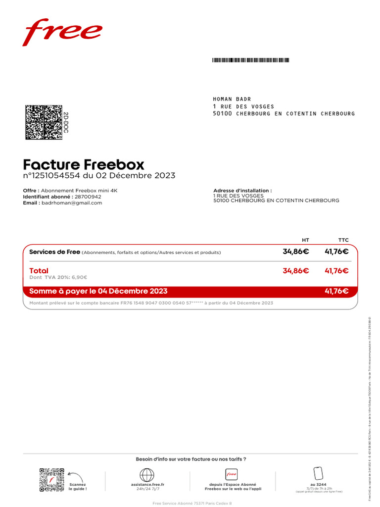 Facture Free 202312 28700942 1251054554 | PDF | Taxe sur la valeur ajoutée | Services en ligne