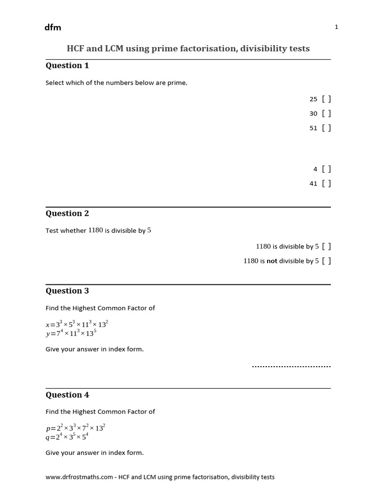 HCF and LCM Practice Worksheet | PDF | Factorization | Abstract Algebra