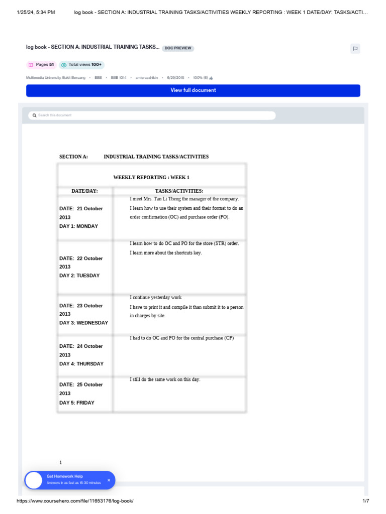 Log Book - Section A: Industrial Training Tasks : View Full Document | PDF