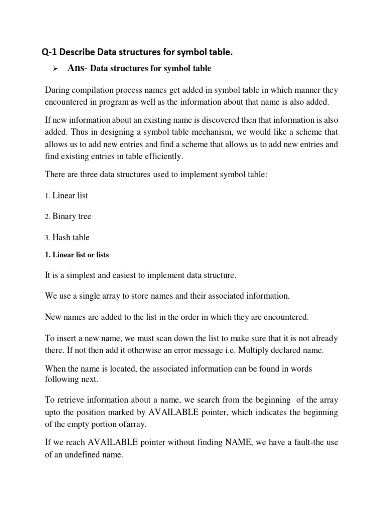 Q-1 Describe Data Structures For Symbol Table. Ans | Download Free PDF | Pointer (Computer ...