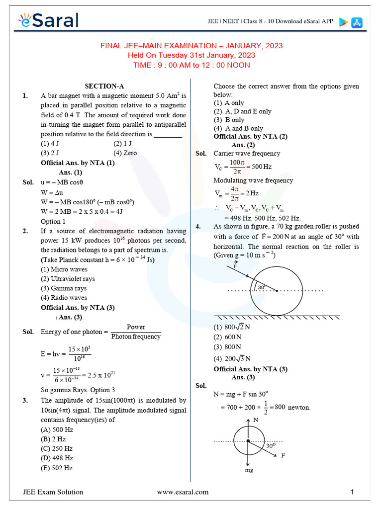 JEE Main 2023 Physics Morning Session Solutions | PDF
