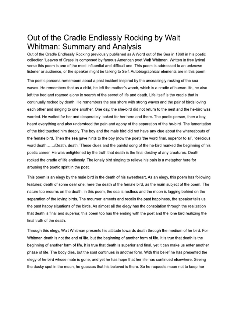 Out of The Cradle Endlessly Rocking by Walt Whitman - Summary and ...