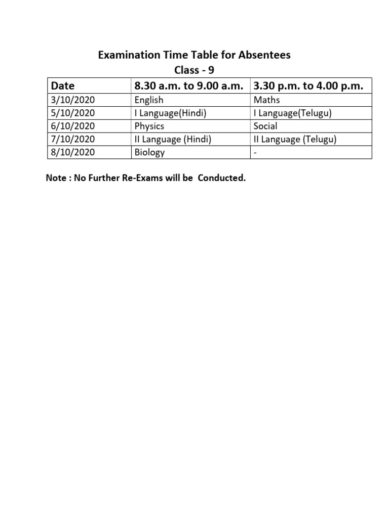 Class 9 Re-Exam Time Table | PDF