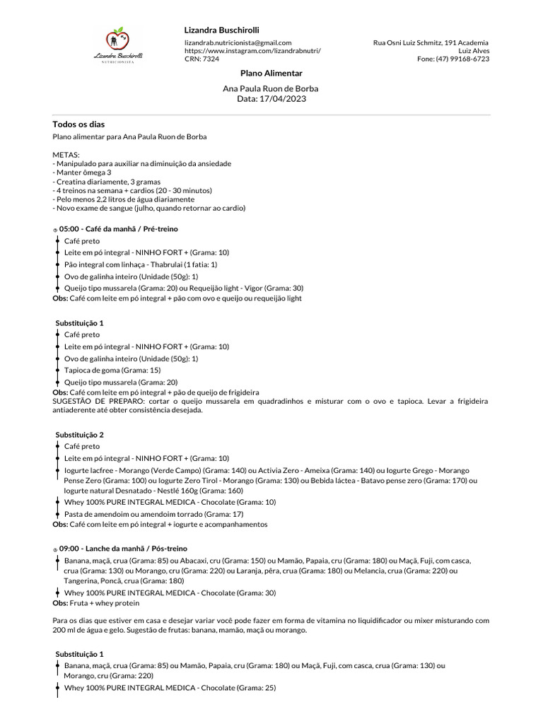 Plano Alimentar de Ana Paula Ruon de Borba | PDF