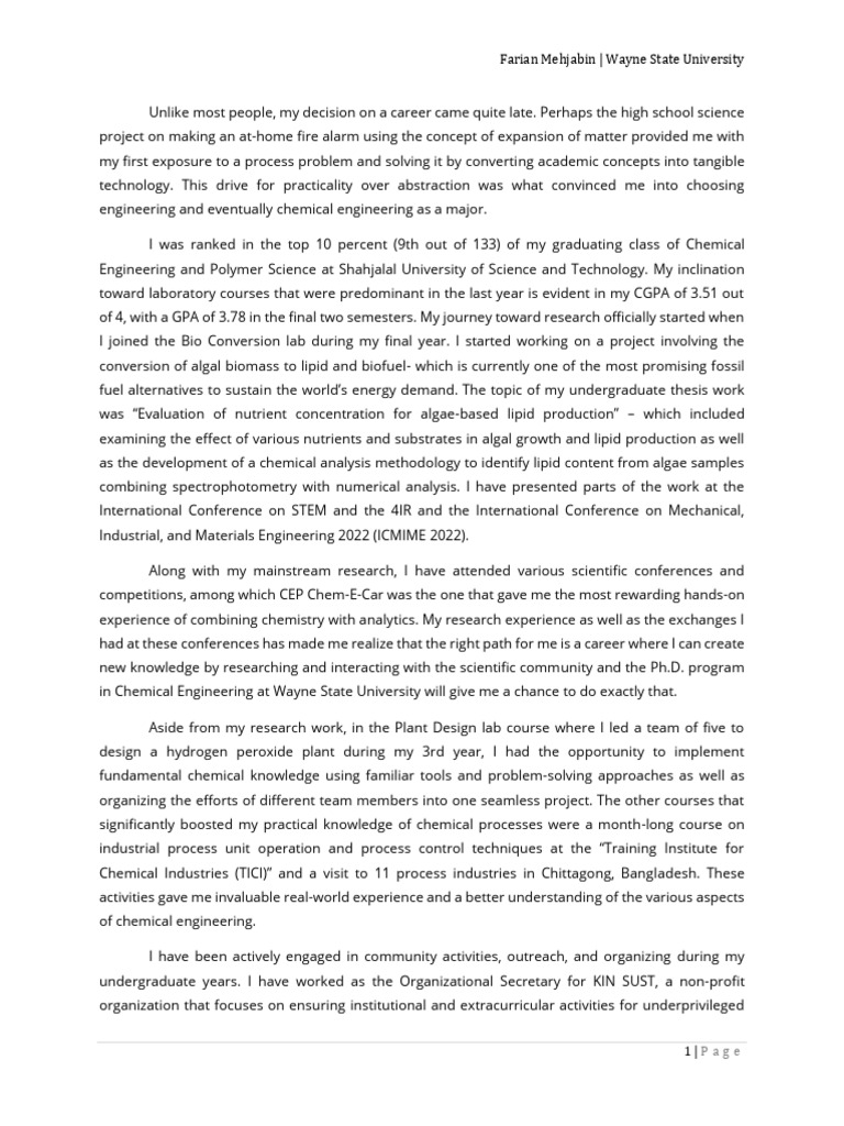 Personal Statement Wayne State | PDF | Engineering | Algae