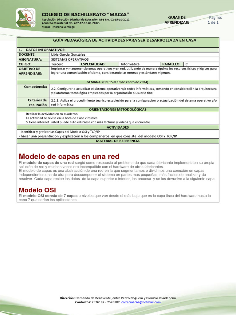 Guia de Aprendizaje - Tercero - Programacion - Libia Garcia 22 26 | PDF | Modelo osi | Red de ...