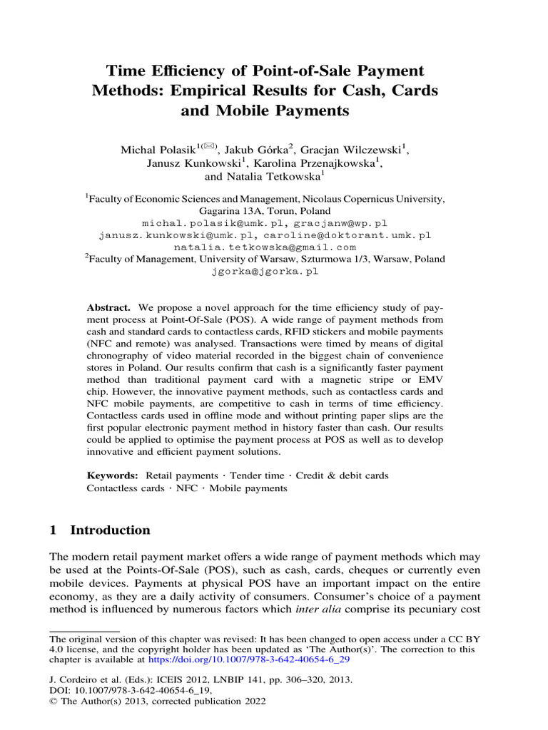 Time Ef Ficiency of Point-of-Sale Payment Methods: Empirical Results ...