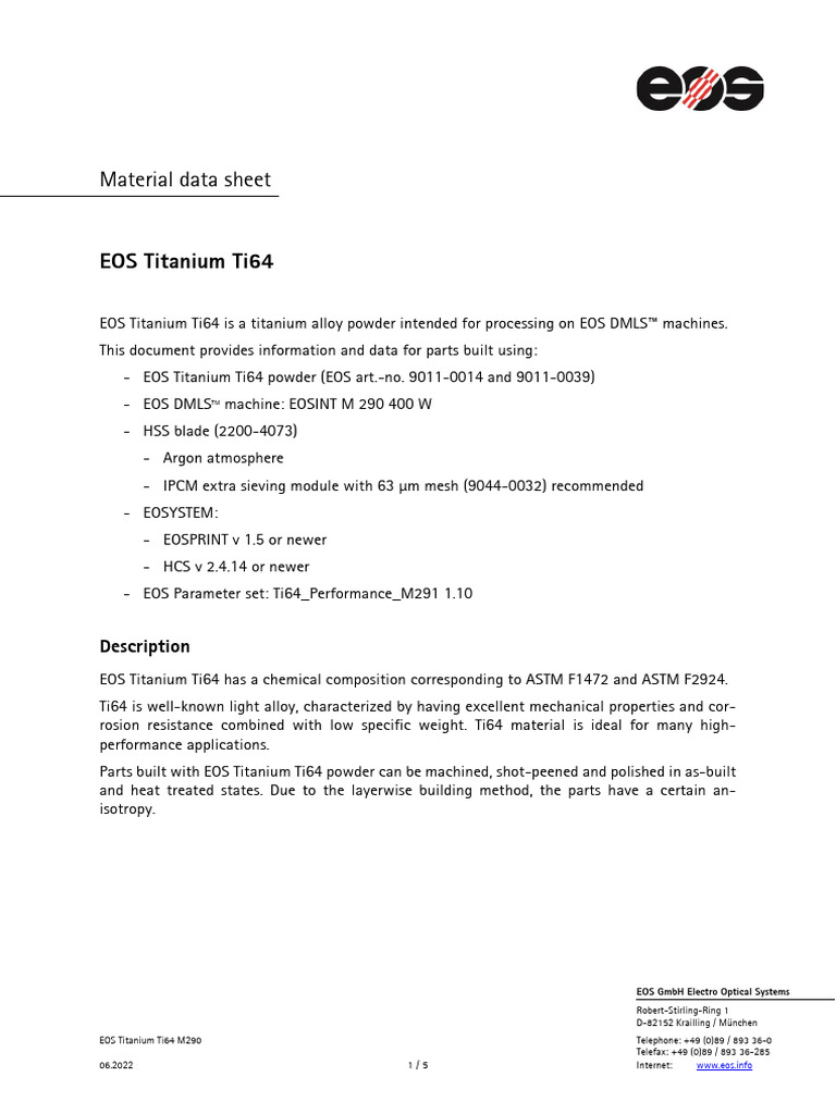 Eos Ti64 9011-0014 9011-0039 m290 Mds 06-22 en | PDF | Titanium ...