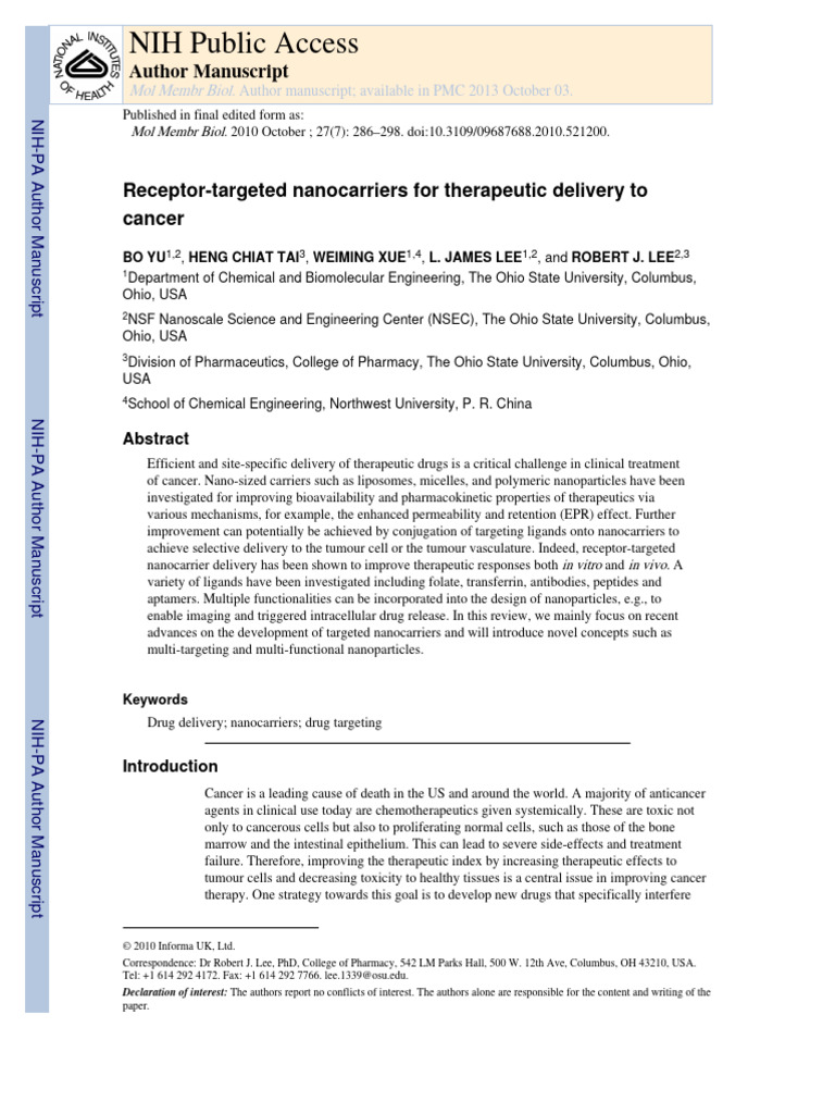 Receptor-Targeted Nanocarriers For Therapeutic Delivery To Cancer | PDF | Liposome | Antibody