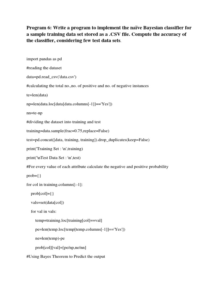 Program 6 Naive Bayes Classifier | PDF